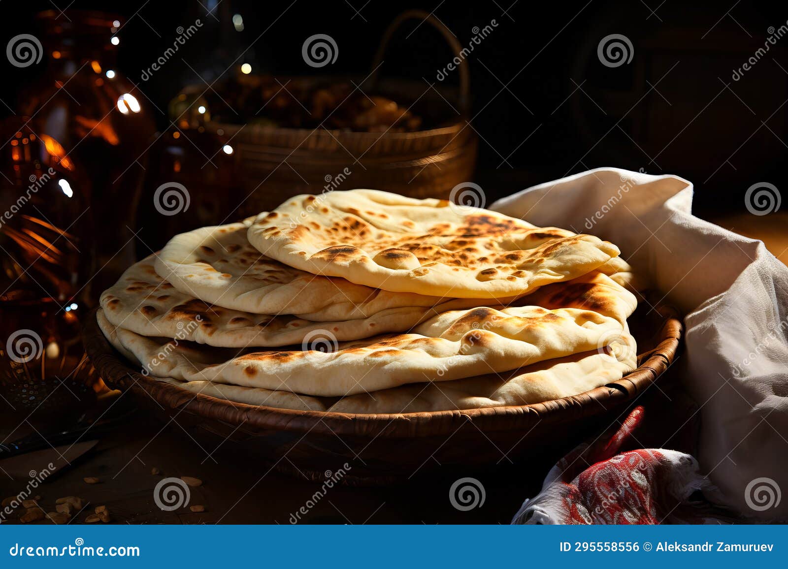 Stack of Traditional Naan Bread on the Table Isolated on Served Table ...