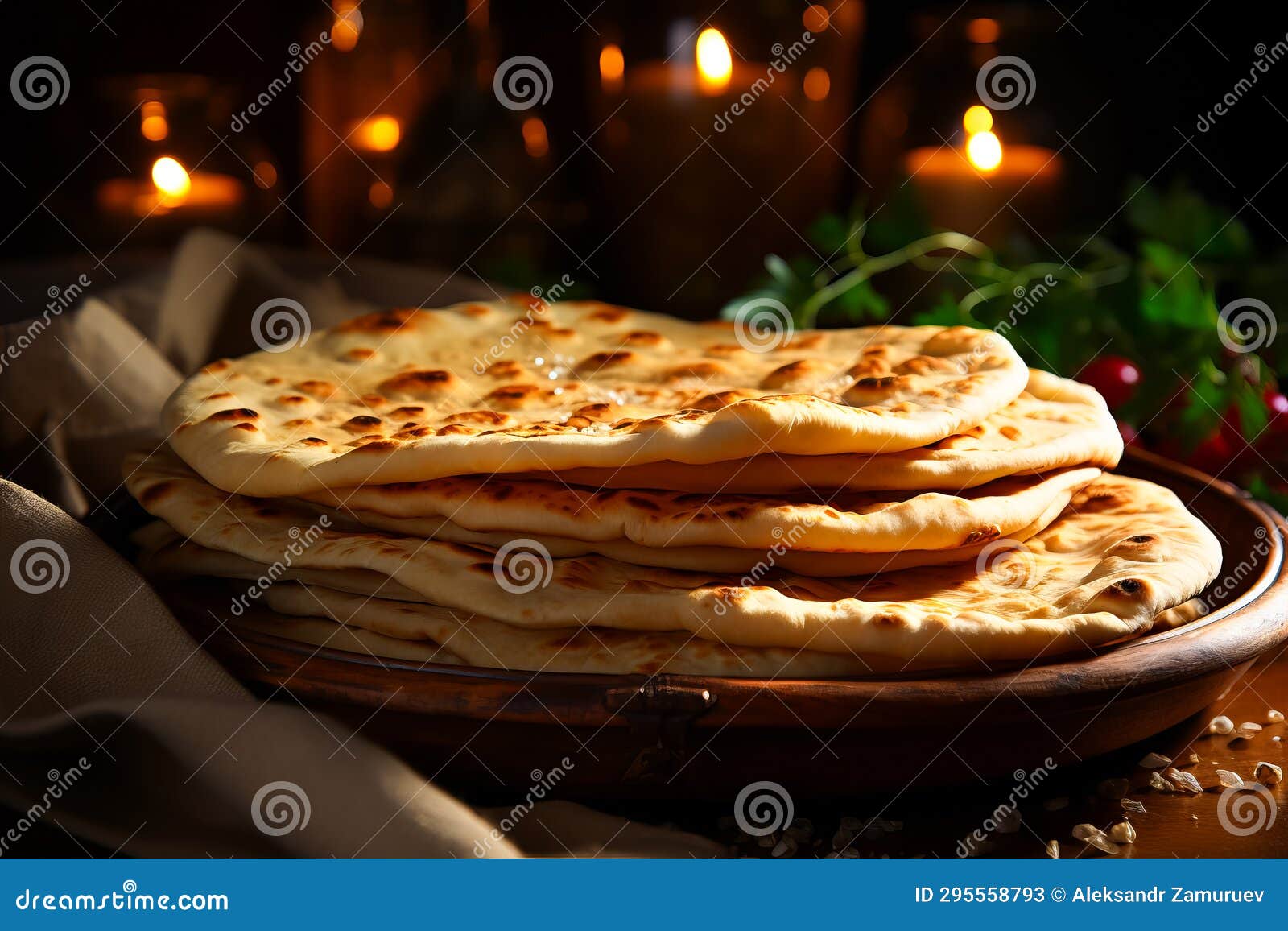 Stack of Traditional Naan Bread on the Table Isolated on Served Table ...