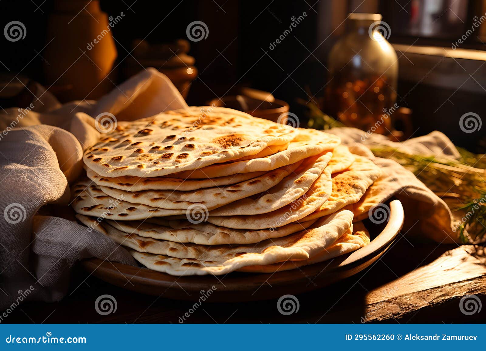 Stack of Traditional Naan Bread on the Table Isolated on Served Table ...
