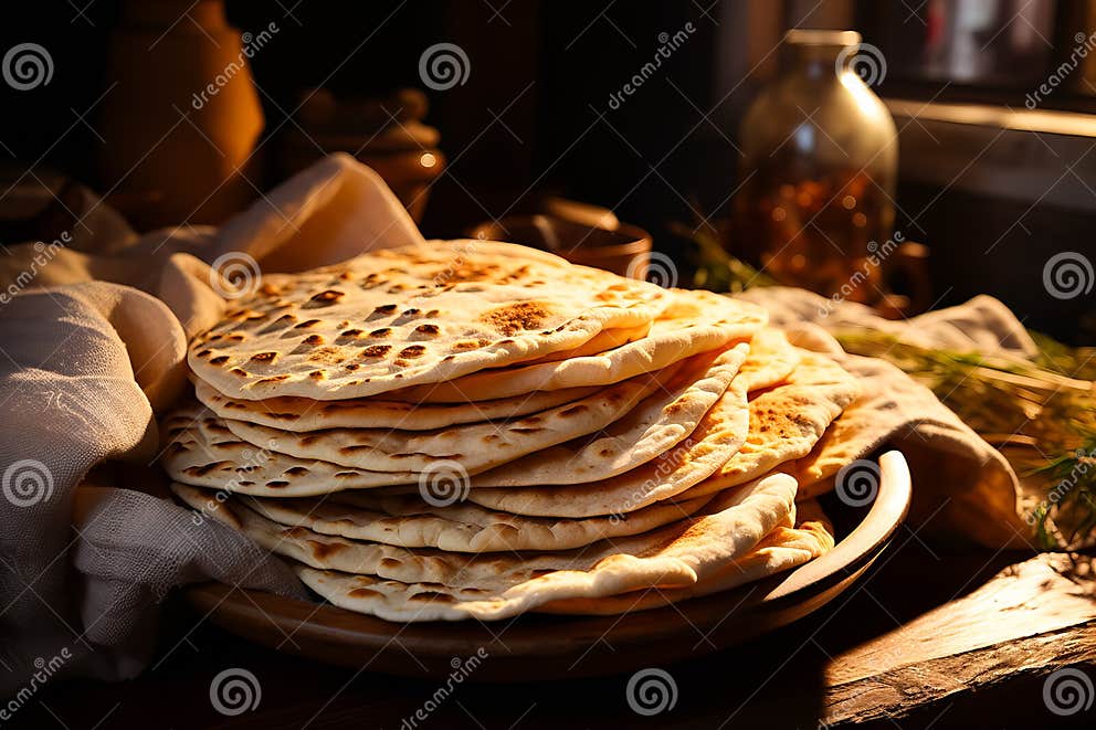 Stack of Traditional Naan Bread on the Table Isolated on Served Table ...