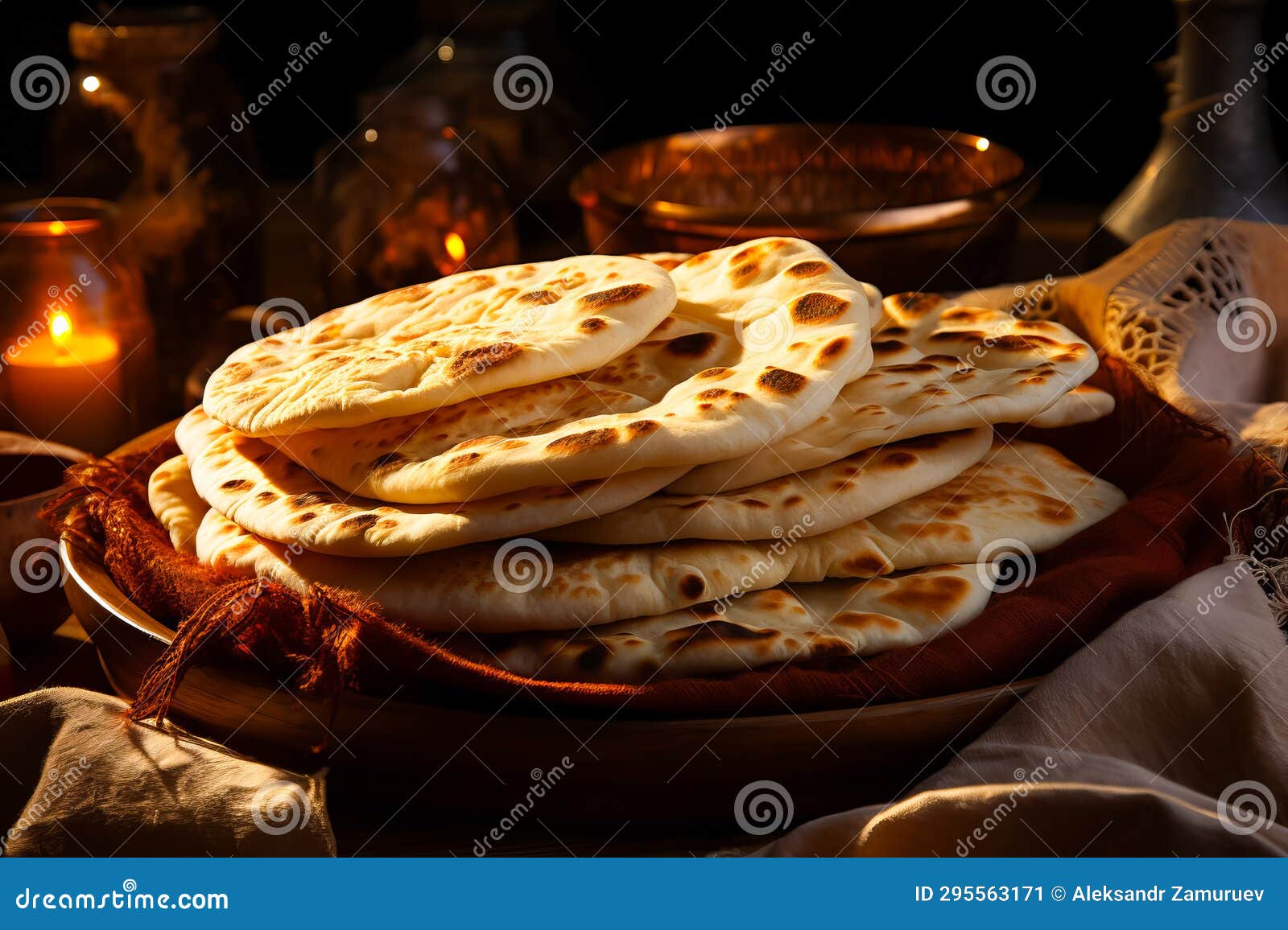 Stack of Traditional Naan Bread on the Table Isolated on Served Table ...
