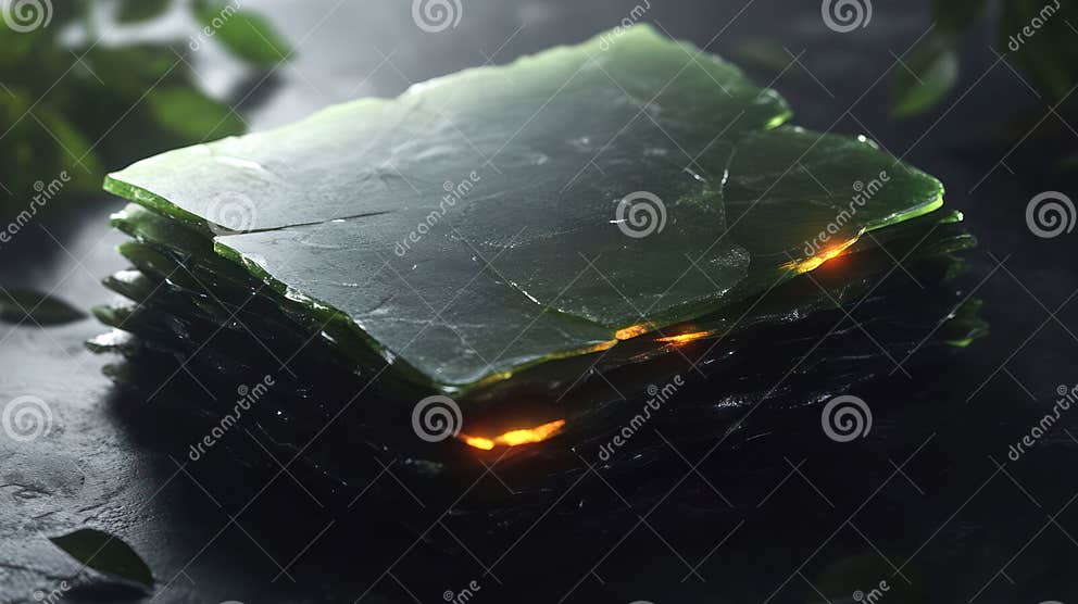 A Stack of Translucent Green Sheets with a Glowing Edge, Set on a Dark ...