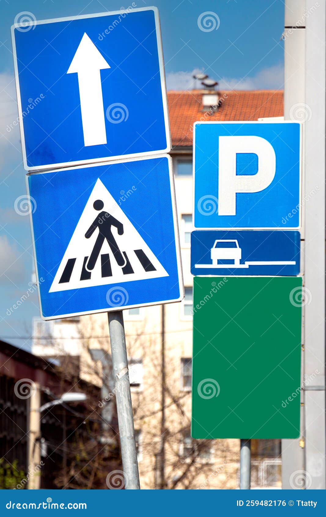 Stack of Transportation Traffic Signs on Street Stock Photo - Image of ...