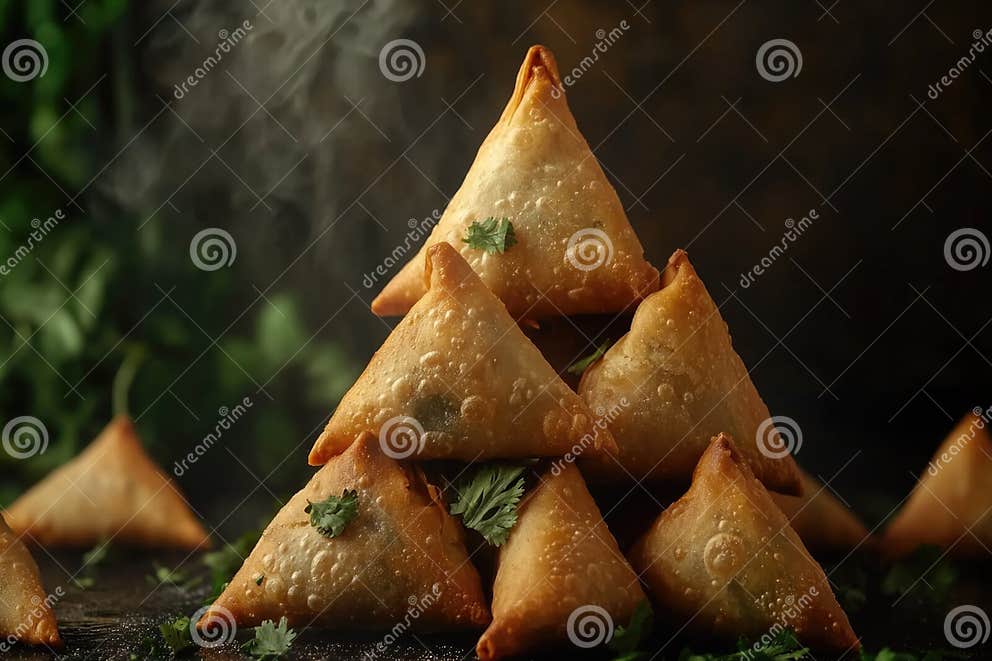 Stack of Triangular Pastries with Parsley on Top Stock Photo - Image of ...