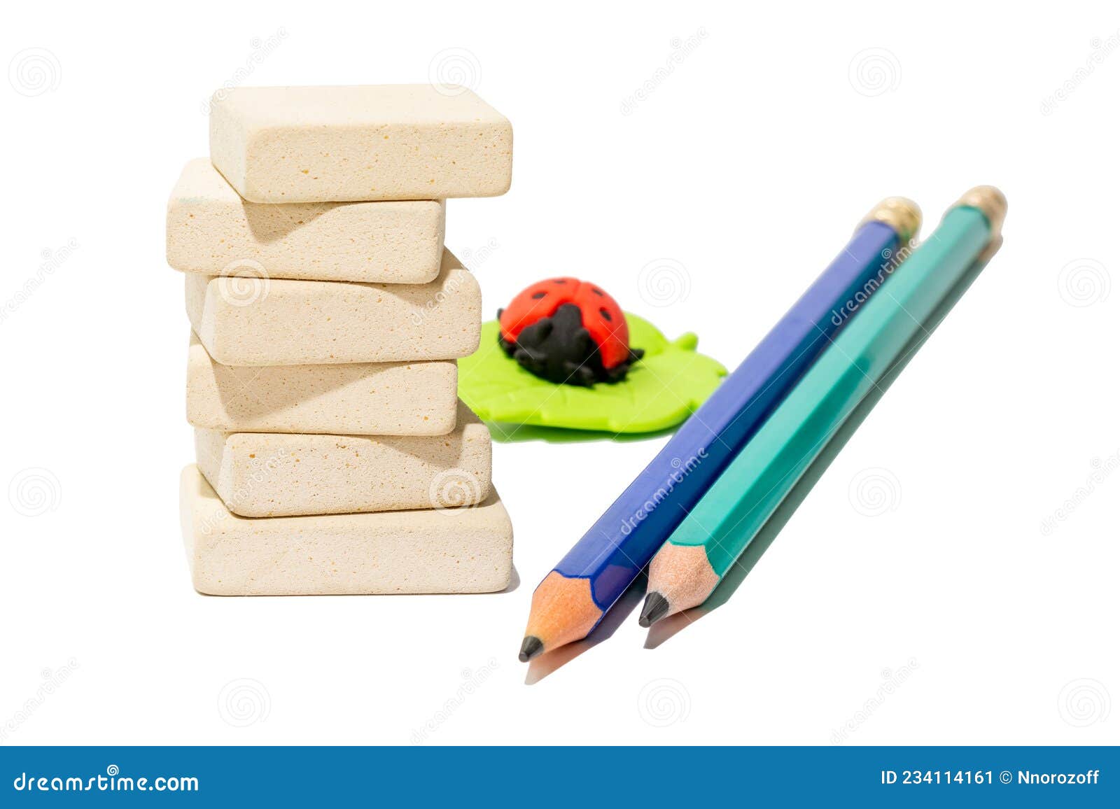 Stack of Uniform Stationery Erasers, Two Pencils and Eraser for Kids on ...