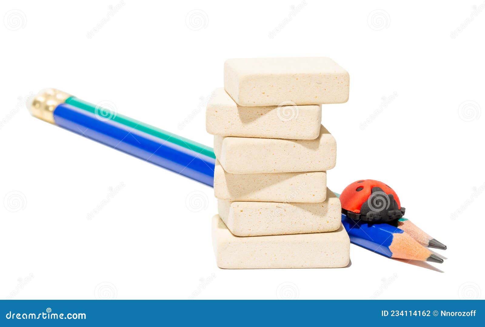 Stack of Uniform Stationery Erasers, Two Pencils and Eraser for Kids on ...