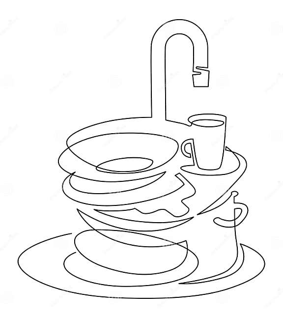 Stack of Unwashed Dishes. Dishes in the Kitchen Sink. Water Faucet ...