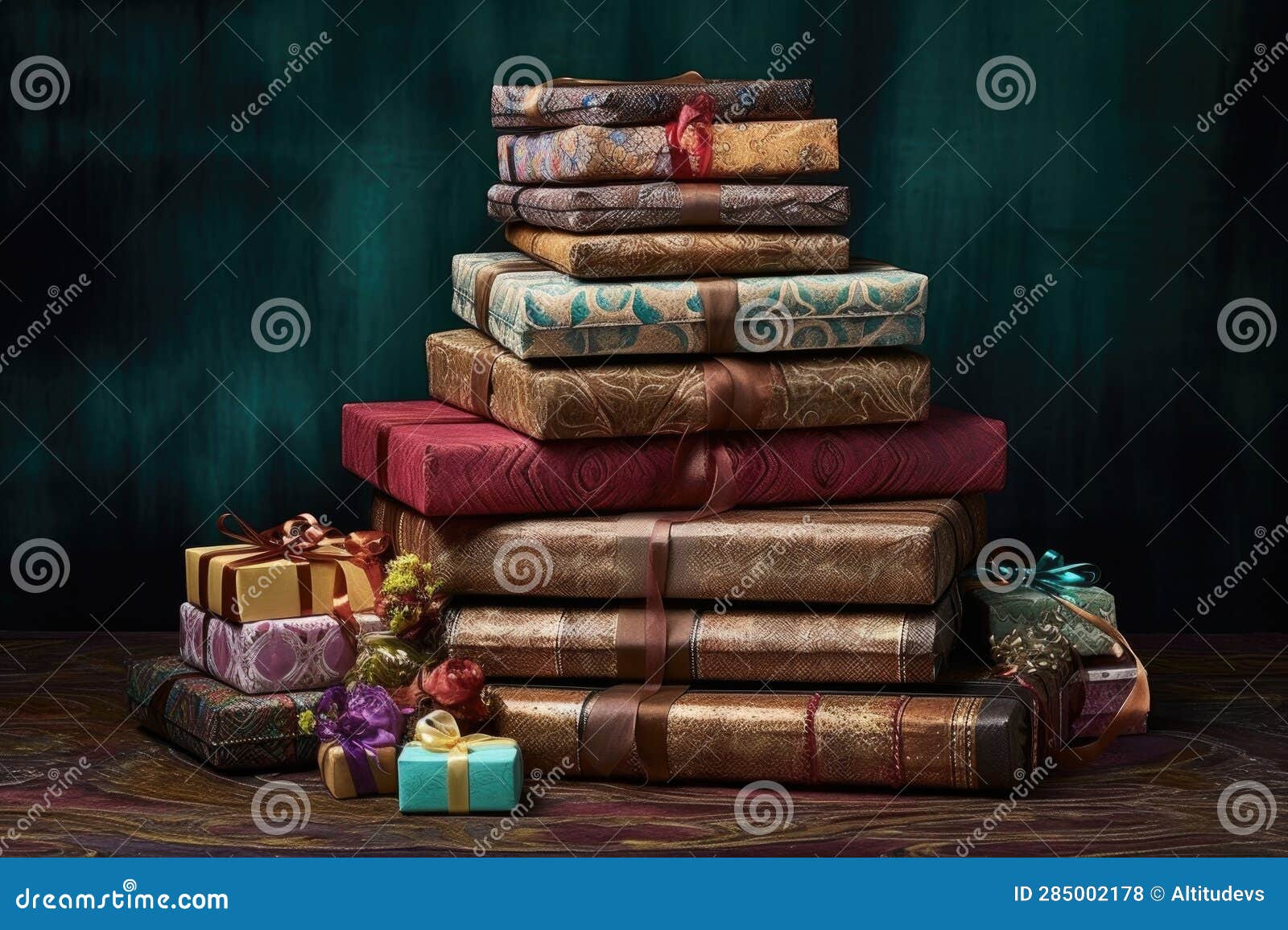 Stack of Unwrapped Presents with Wrapping Materials Stock Illustration ...