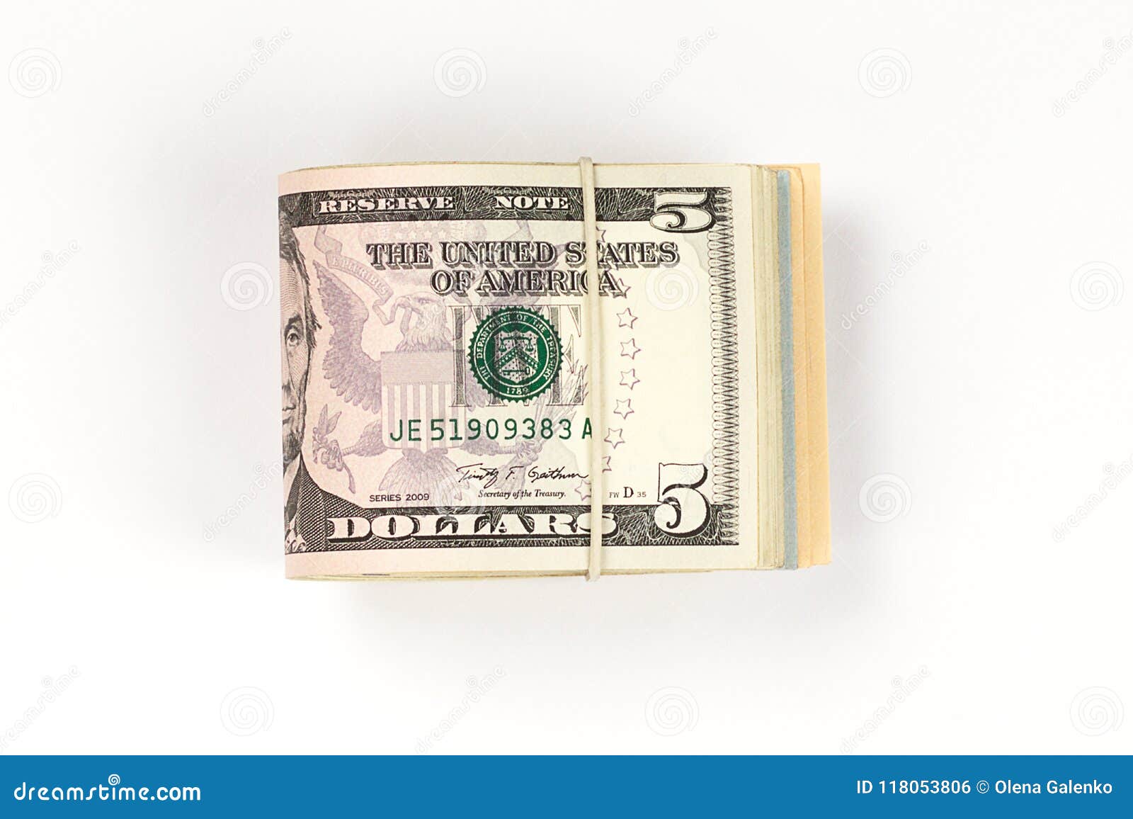 Stack of USA 5 Dollars Isolated on White Background. Stock Photo ...