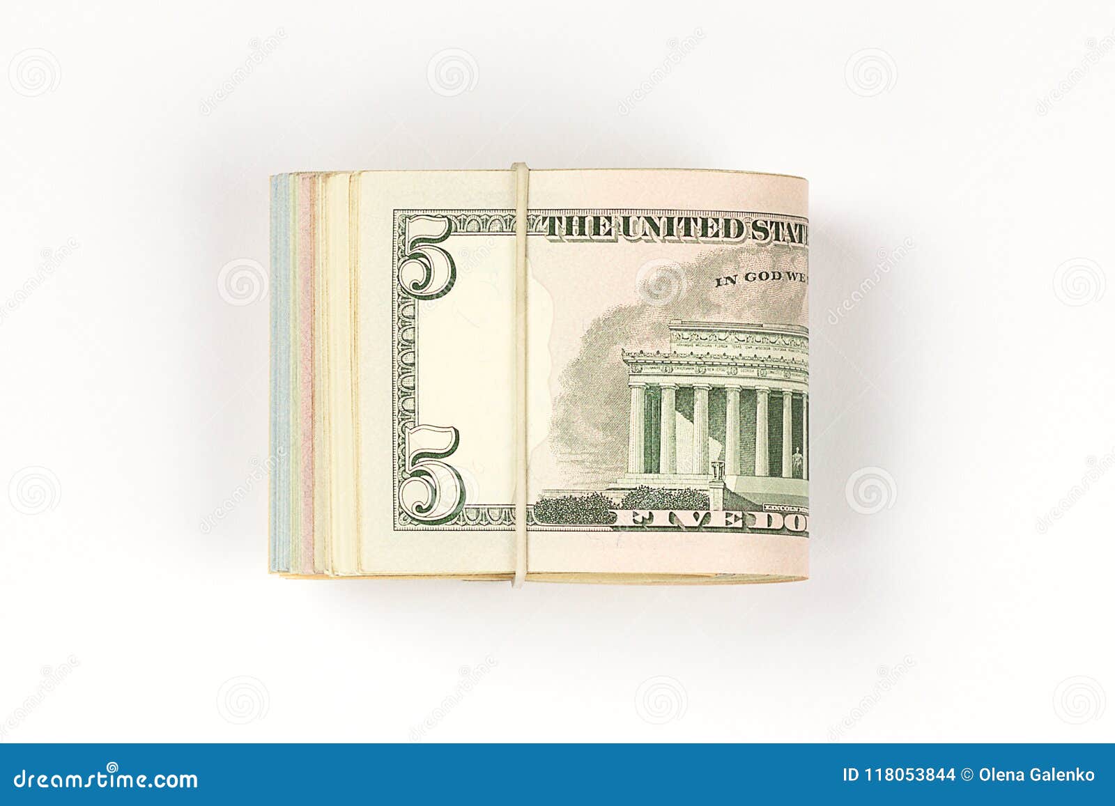 Stack of USA 5 Dollars Isolated on White Background. Stock Photo ...
