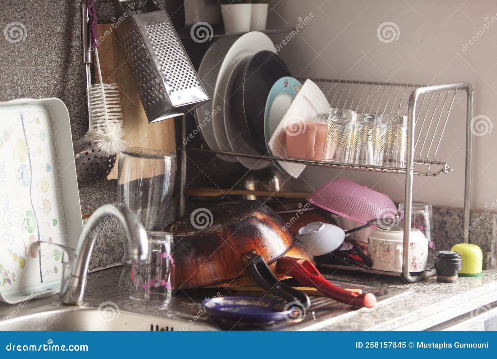 Stack of Used Frying Dishes, Sink Full of Washed Kitchenware. Stock ...