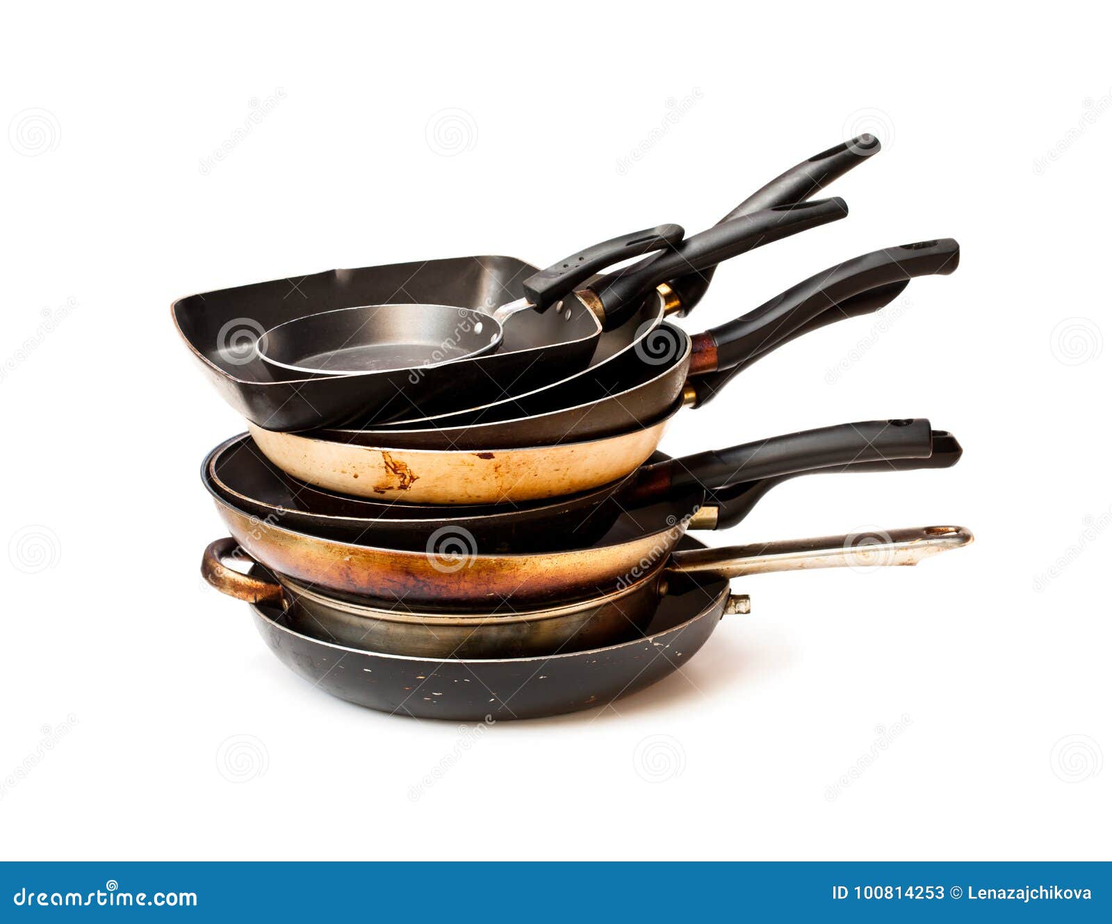 Stack of Used Frying Pans Isolated on White Stock Image - Image of ...