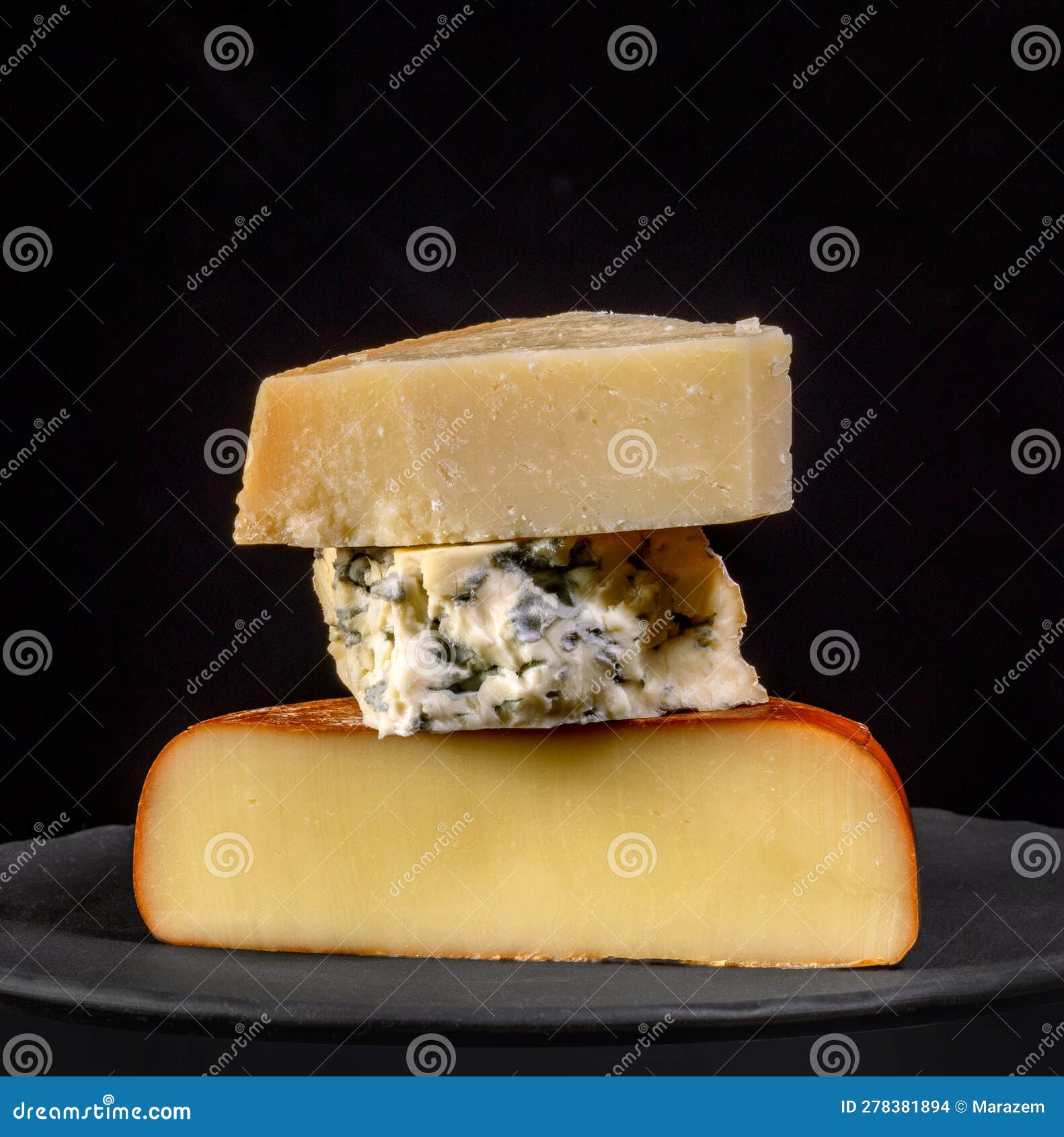 Stack of Various Cheese Pieces Stock Photo - Image of blue, yellow ...