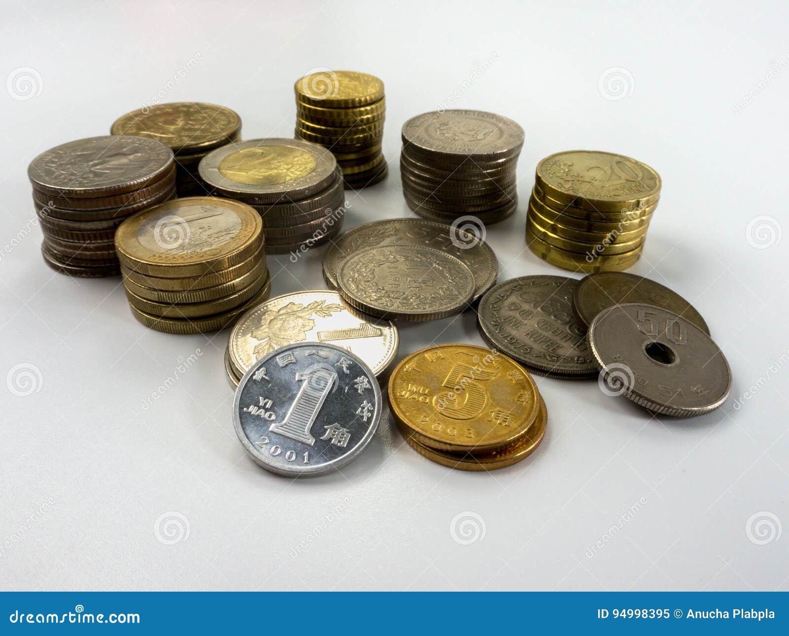 Stack of Various Coin Types on White Background. Stock Image - Image of ...