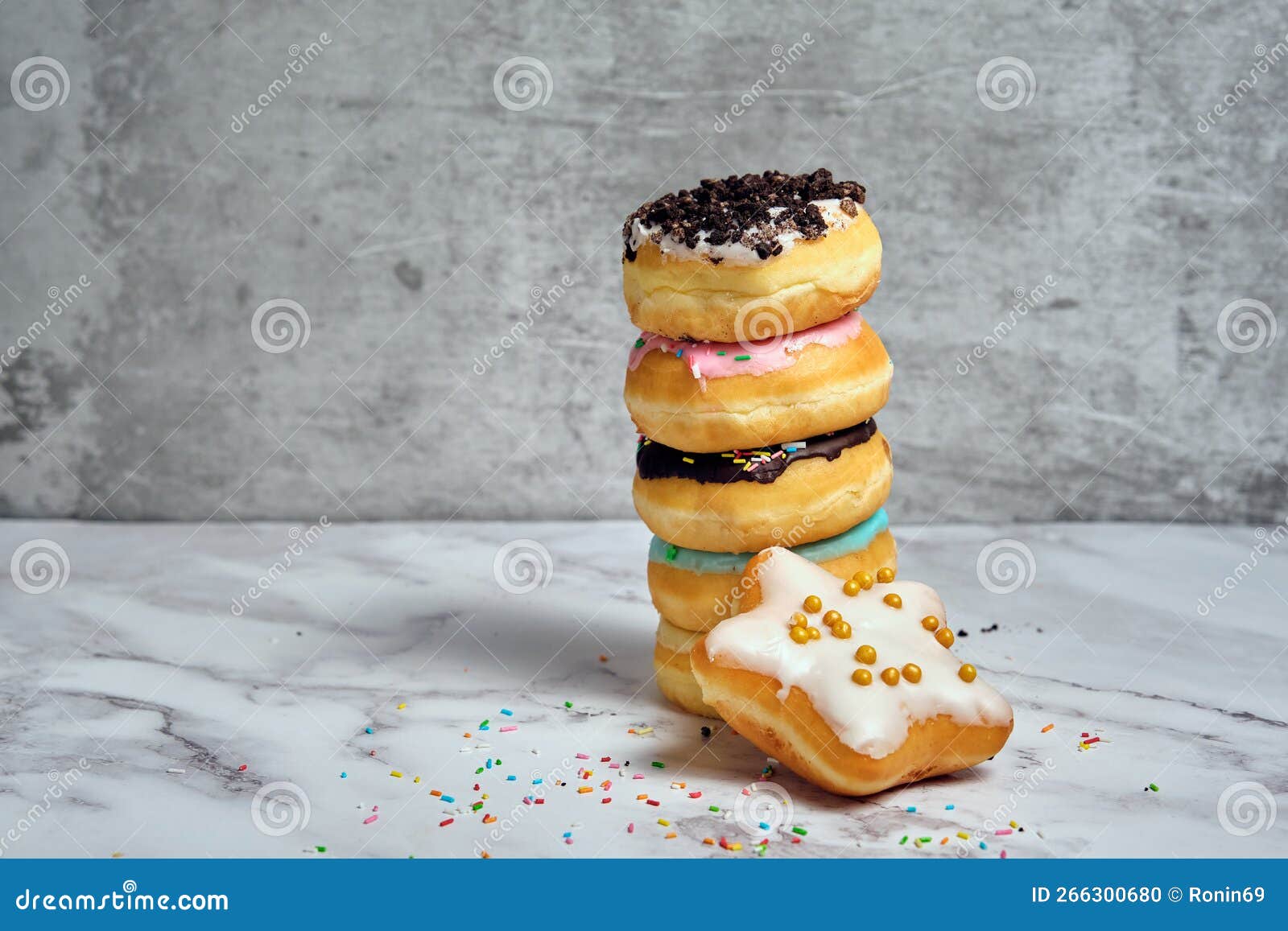A stack of various donuts stock photo. Image of decorative - 266300680