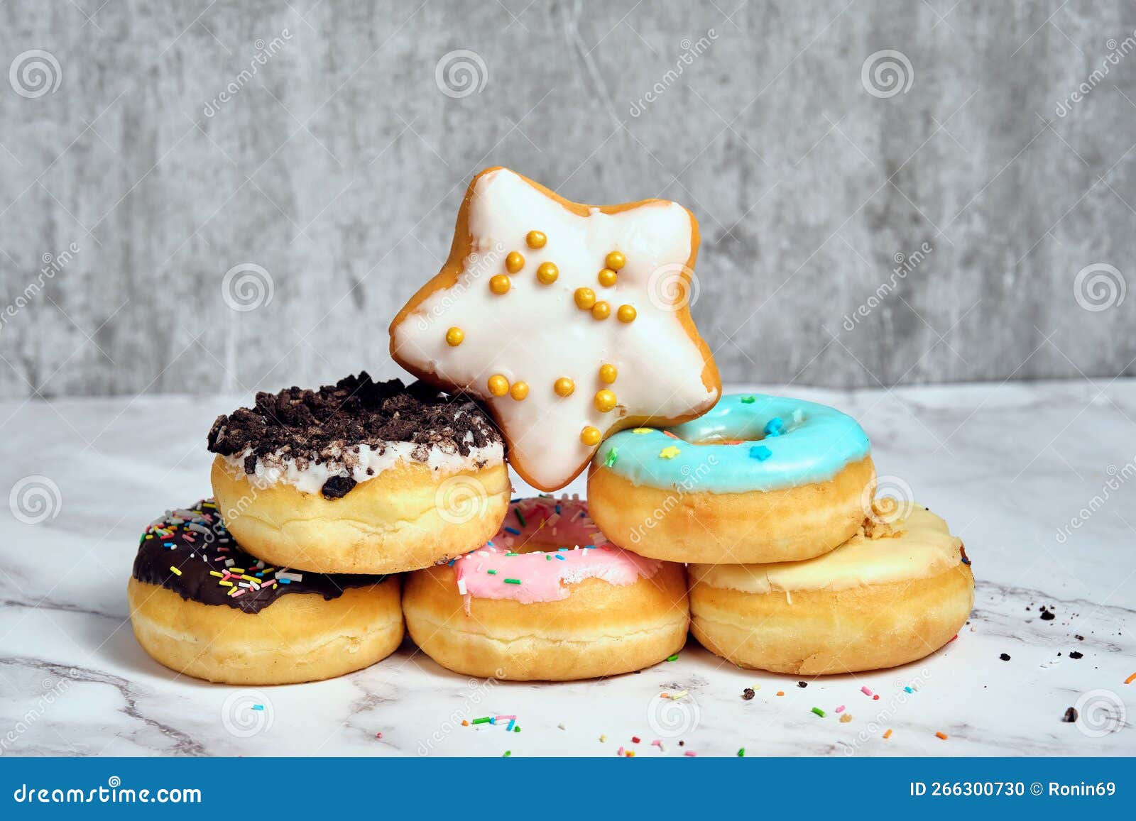 A stack of various donuts stock photo. Image of dessert - 266300730