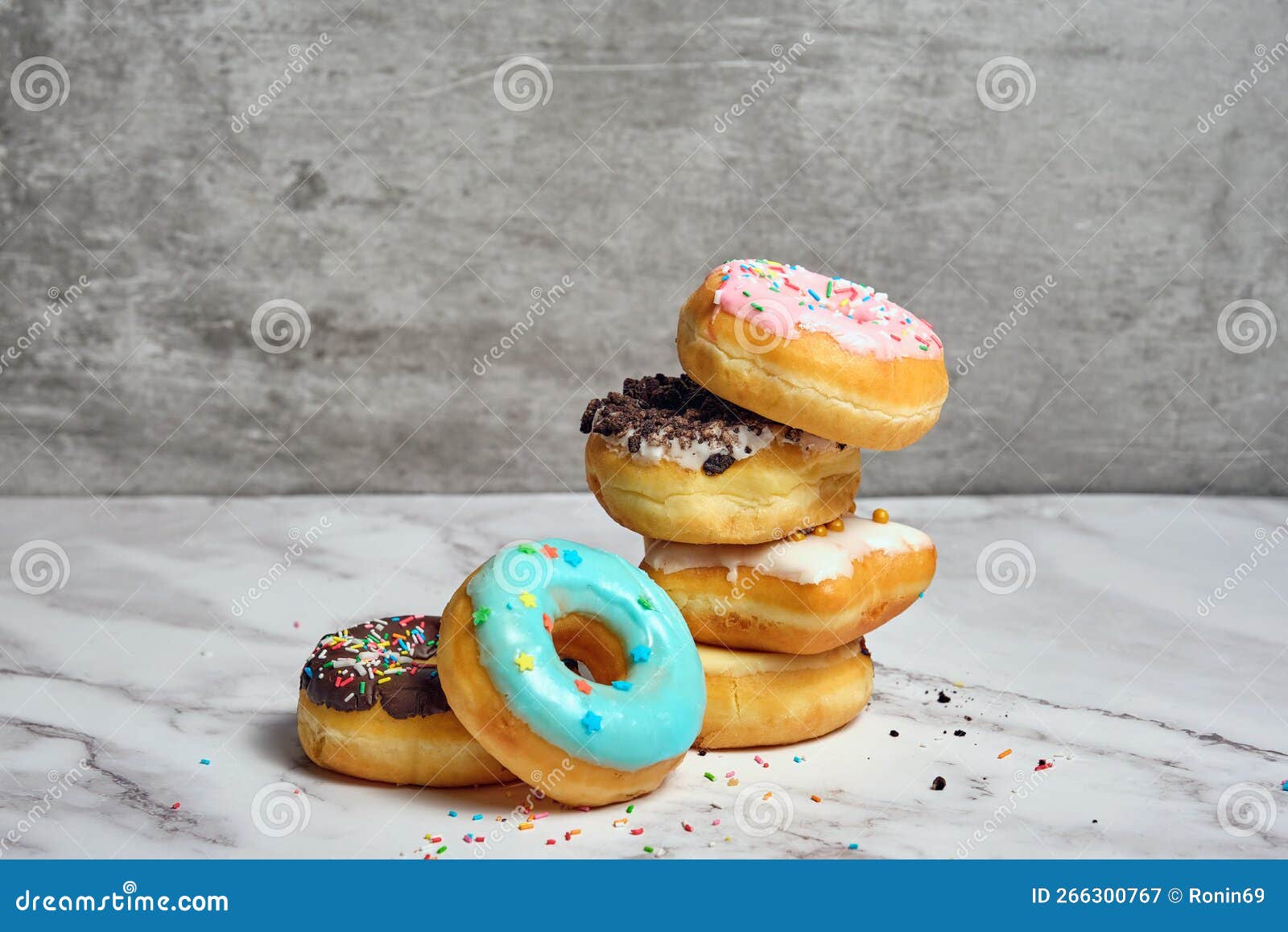 A stack of various donuts stock image. Image of dough - 266300767