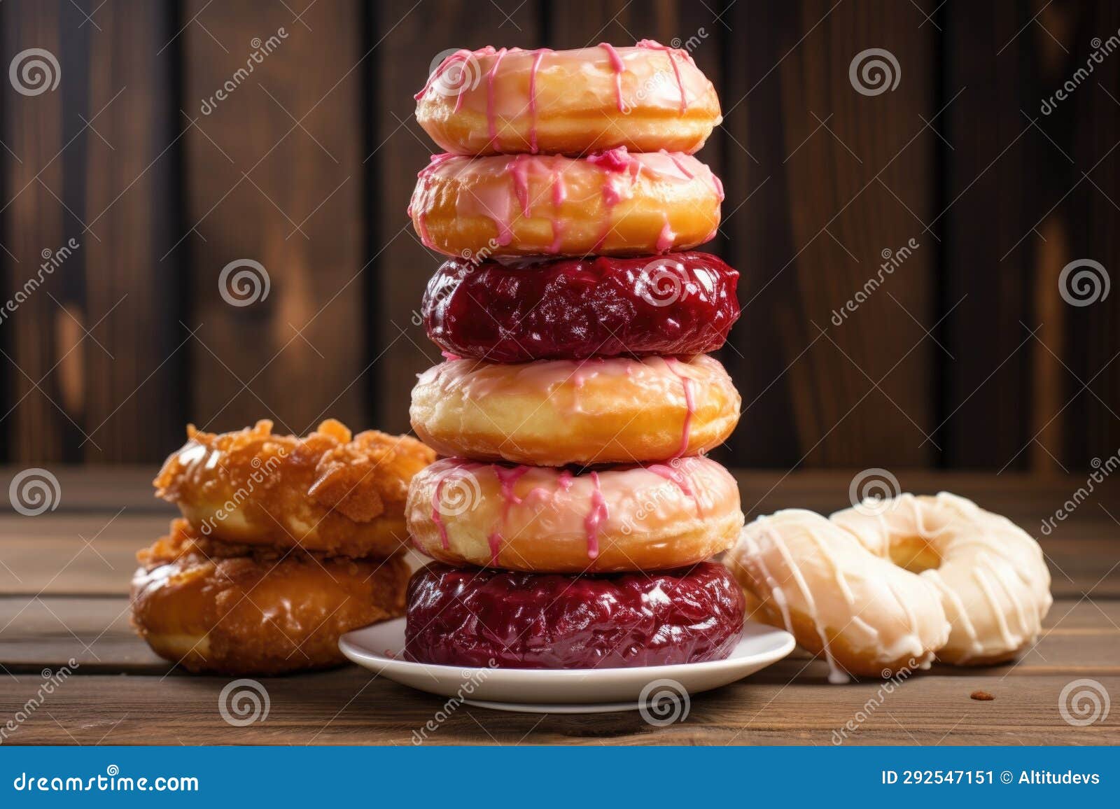 Stack of Various Glazed Donuts Placed on a Wooden Table Stock ...