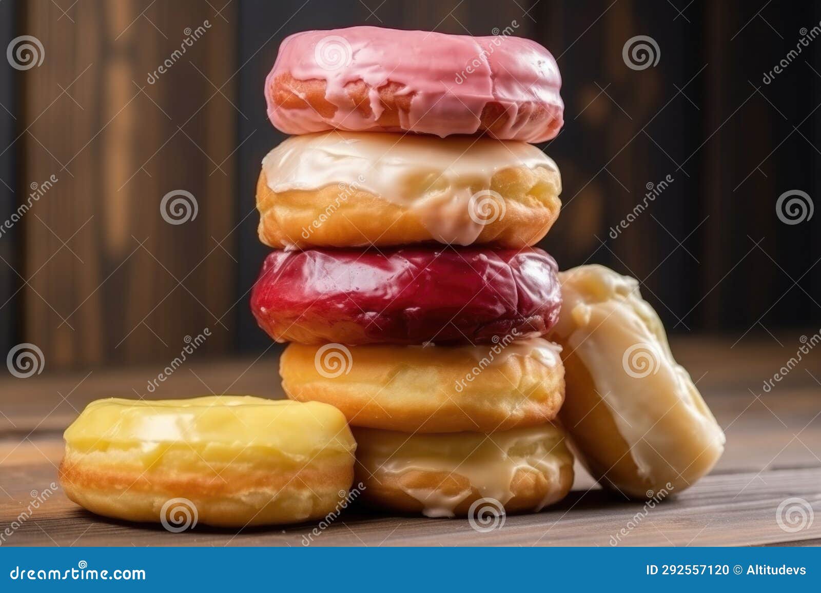 Stack of Various Glazed Donuts Placed on a Wooden Table Stock Photo ...