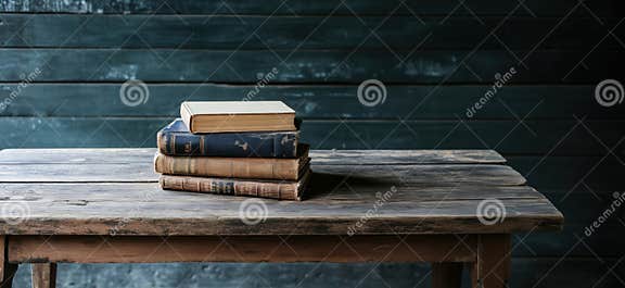 Stack of Vintage Books on Rustic Wooden Table, Dark Background ...
