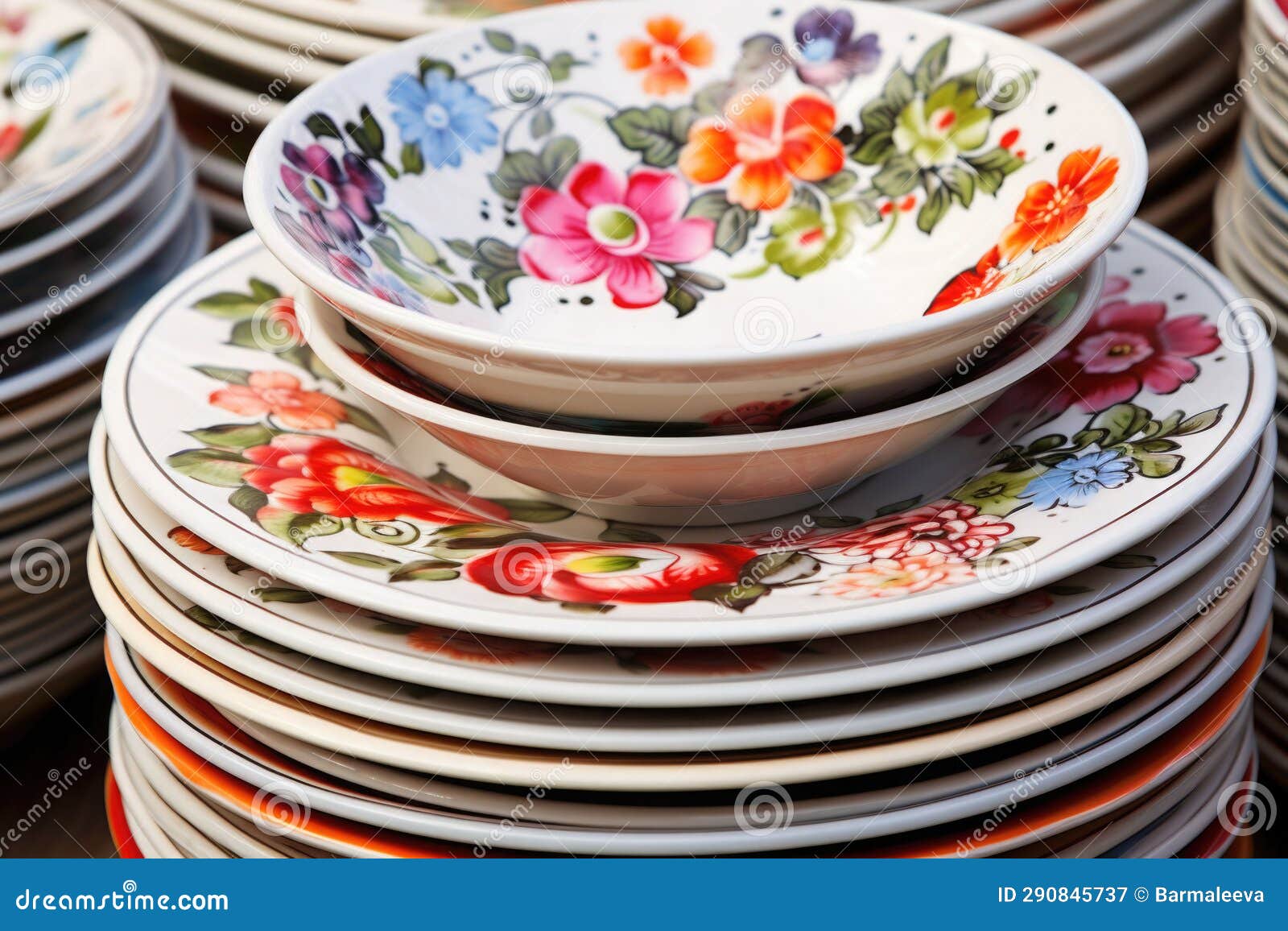 A Stack of Vintage Folk Floral Patterned Porcelain Plates. Generative ...
