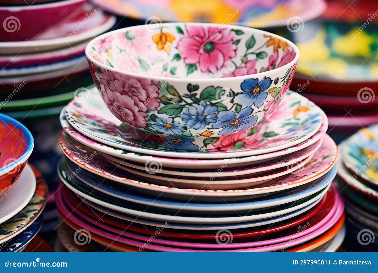 A Stack of Vintage Folk Floral Patterned Porcelain Plates. Generative ...