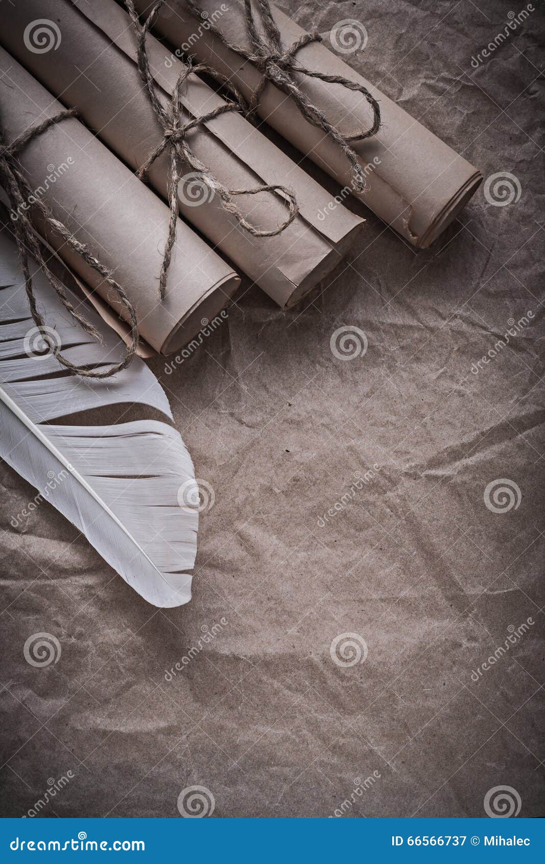 Stack of Vintage Paper Scrolls Feather on Crumpled Wrapping Sheet Stock ...