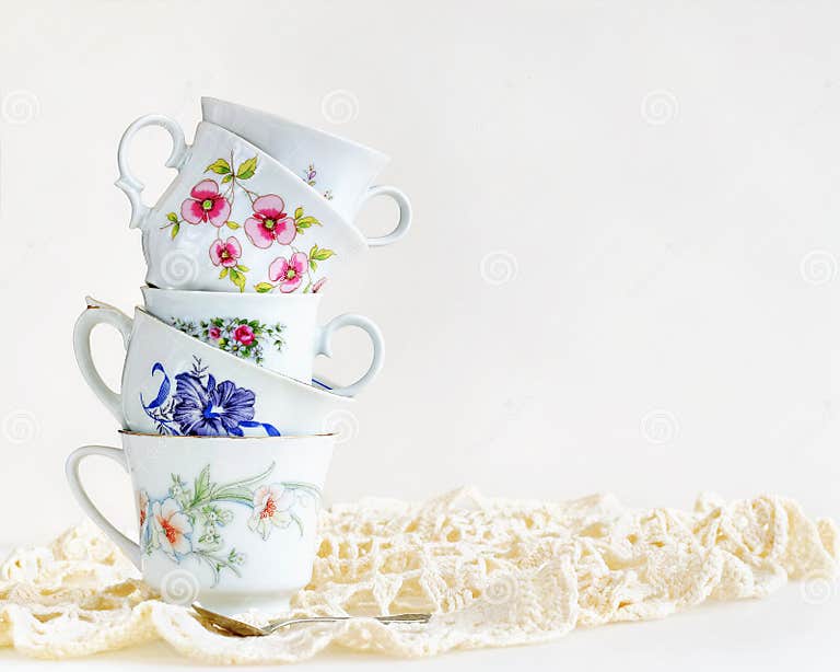 Stack of vintage tea cups stock photo. Image of crochet - 44713608