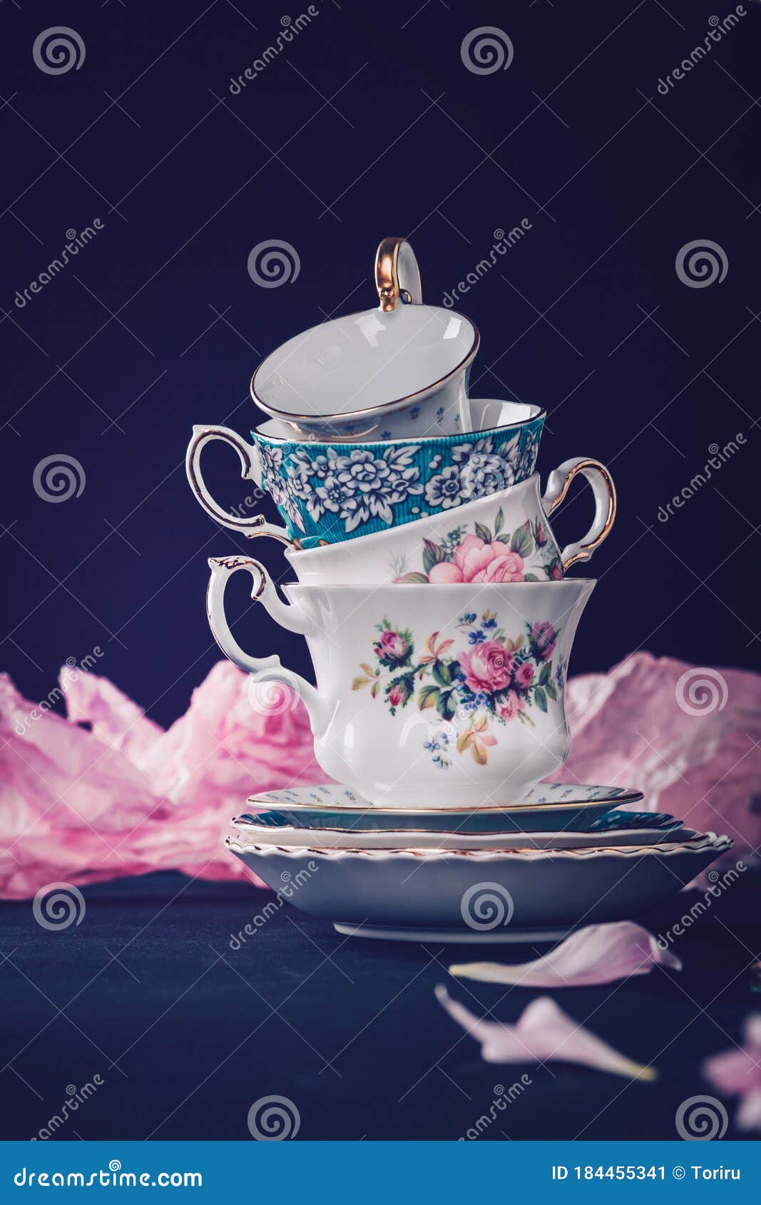 Stack of vintage tea cups stock image. Image of design - 184455341