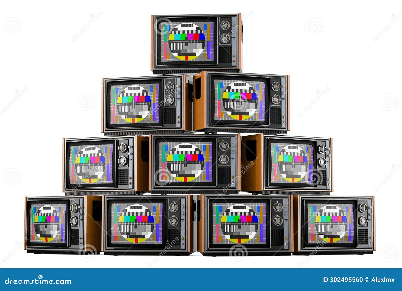 Stack of Vintage TV Sets with Test Card TV, 3D Rendering Stock ...