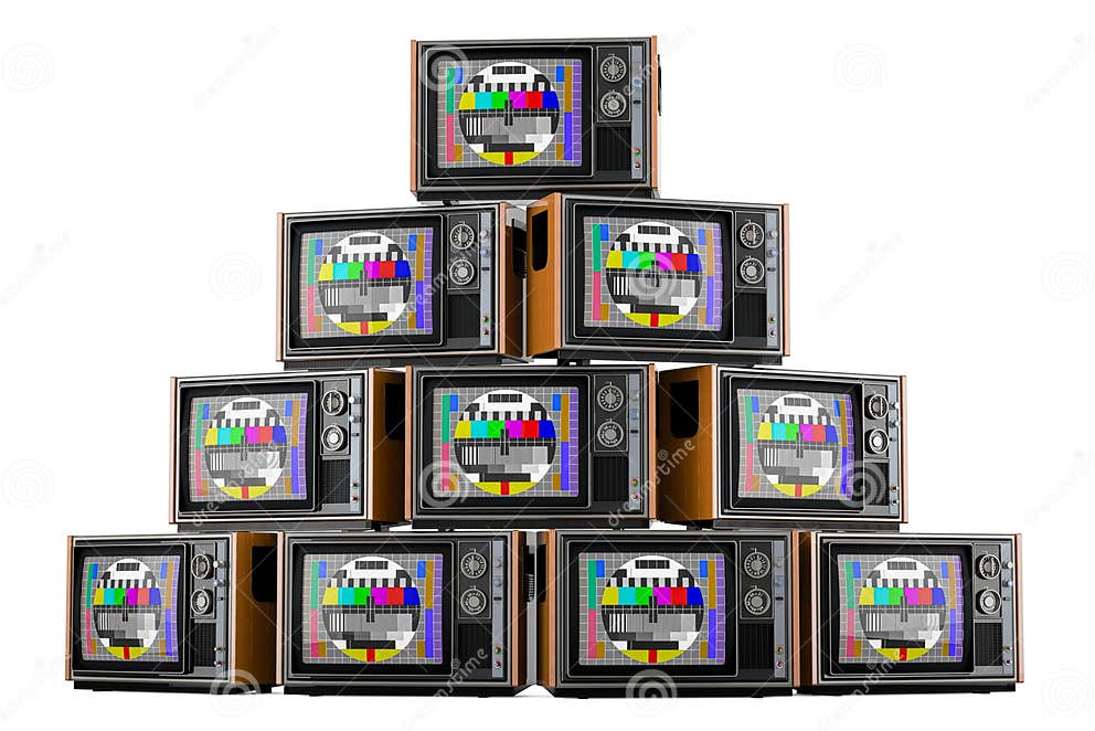 Stack of Vintage TV Sets with Test Card TV, 3D Rendering Stock ...