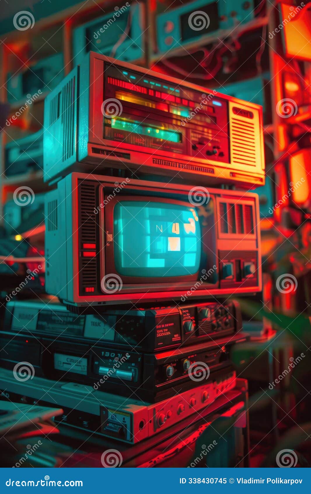 A Stack of Vintage TVs Stacked on Top of Each Other, with Old-fashioned ...