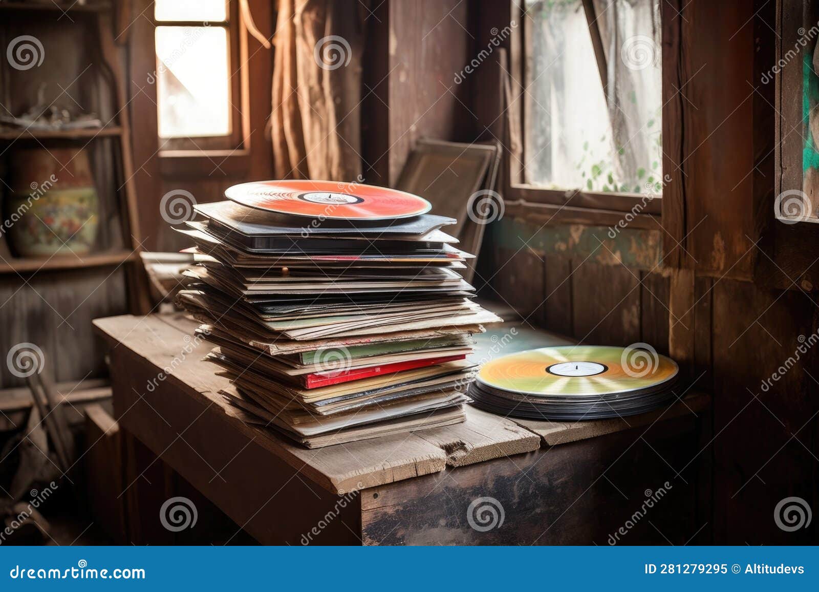 Stack of Vintage Vinyl Records on Wooden Table Stock Illustration ...