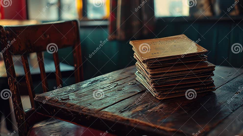 Stack of Vintage Worn Menu Covers on a Wooden Table in a Restaurant ...
