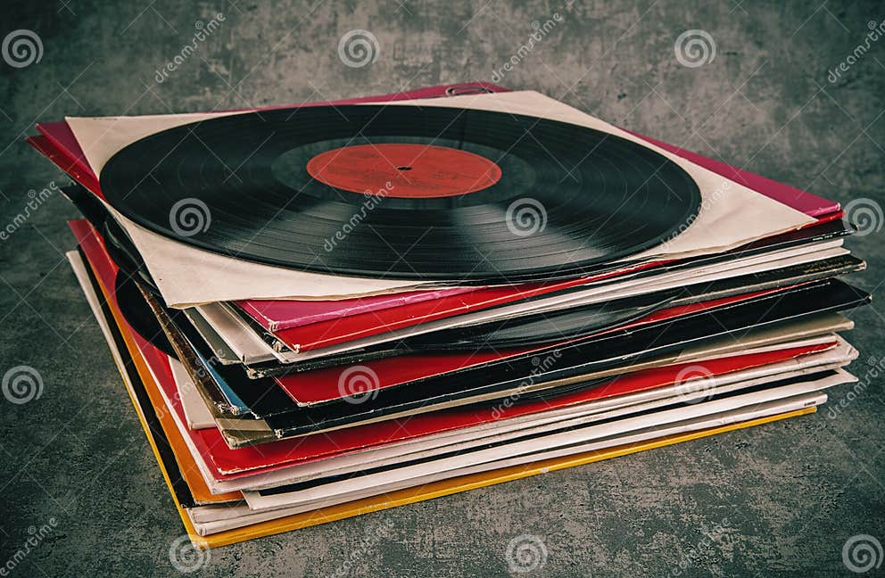 Stack of Vinyl Records in Retro Style Stock Image - Image of glass ...
