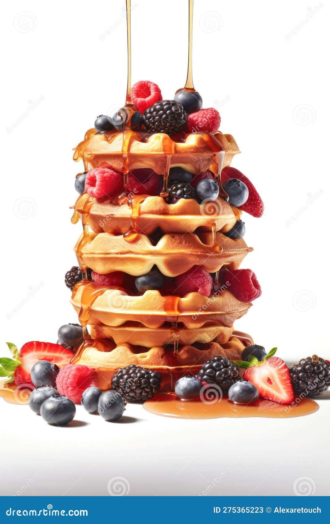 Stack of Waffles with Berries and Honey on a White Background Stock ...