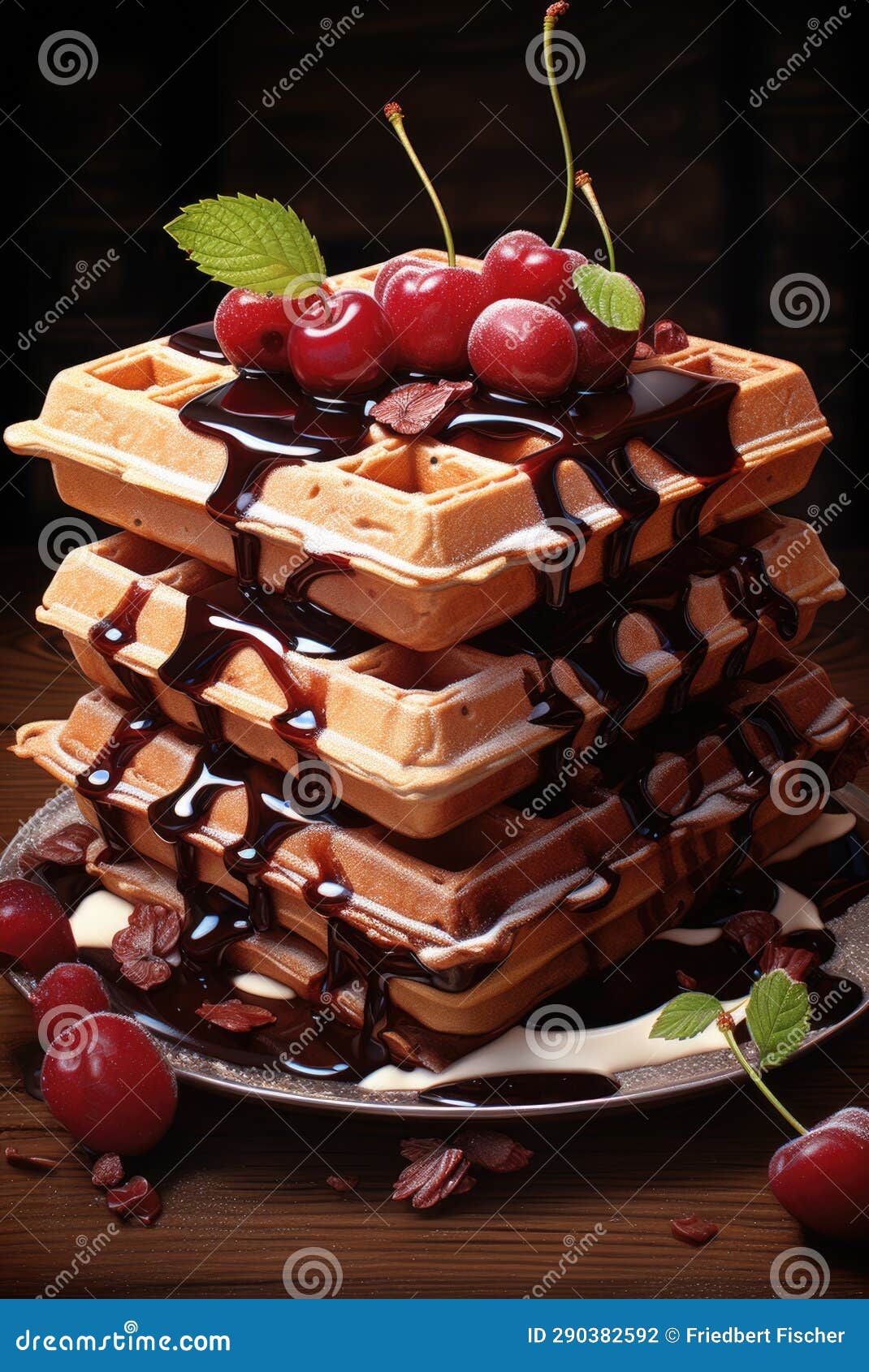 A Stack of Waffles Covered in Chocolate and Cherries. Stock Photo ...