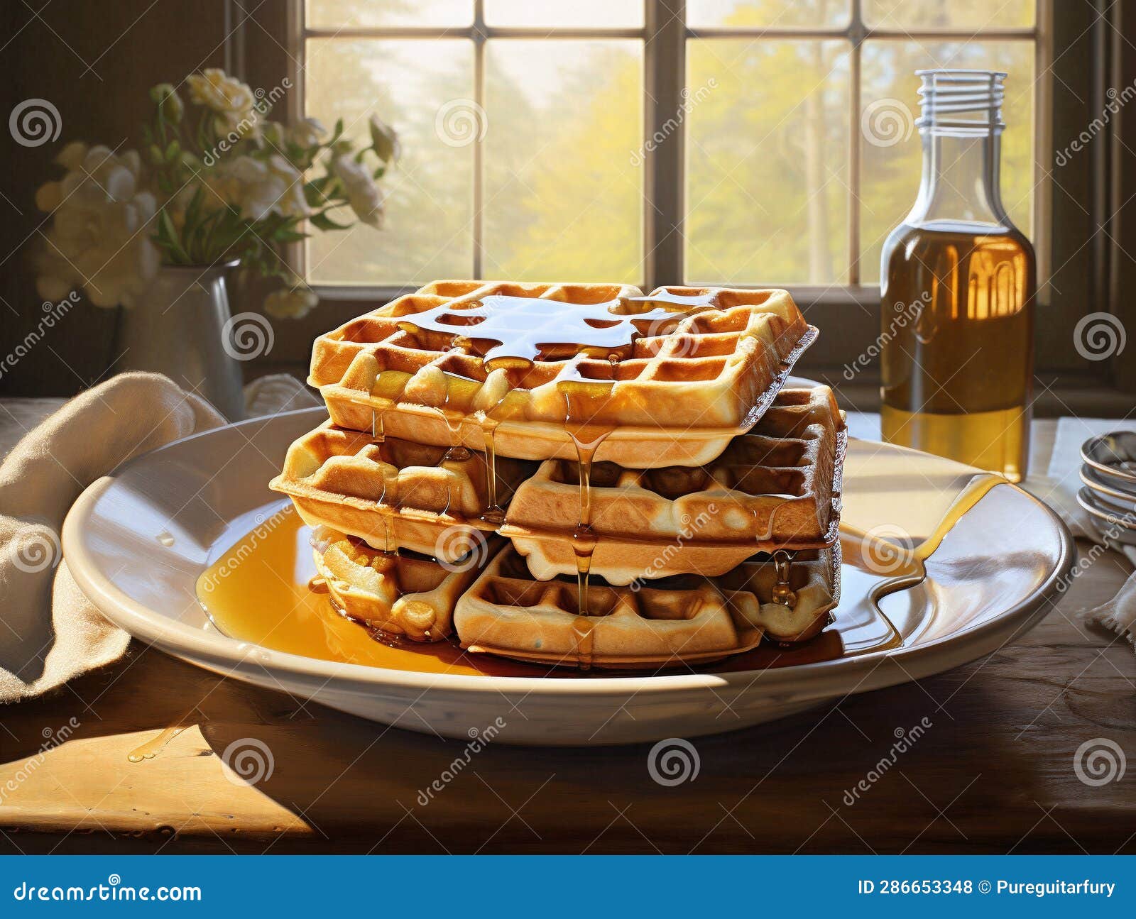 Stack of Waffles Dripping with Syrup Stock Illustration - Illustration ...