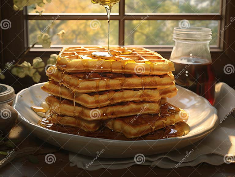 Stack of Waffles Dripping with Syrup Stock Illustration - Illustration ...