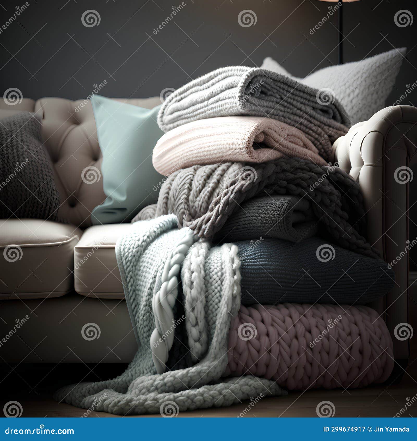 A Stack of Warm Knitted Sweaters on the Sofa in the Living Room Stock ...
