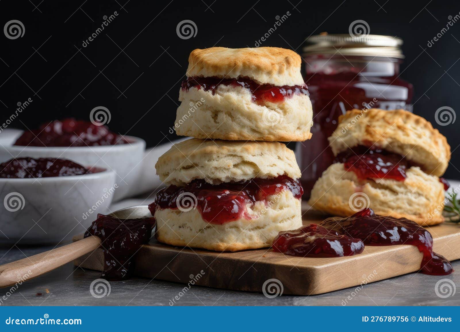 Stack of Warm Scones, Topped with Creamy Strawberry Jam Stock ...