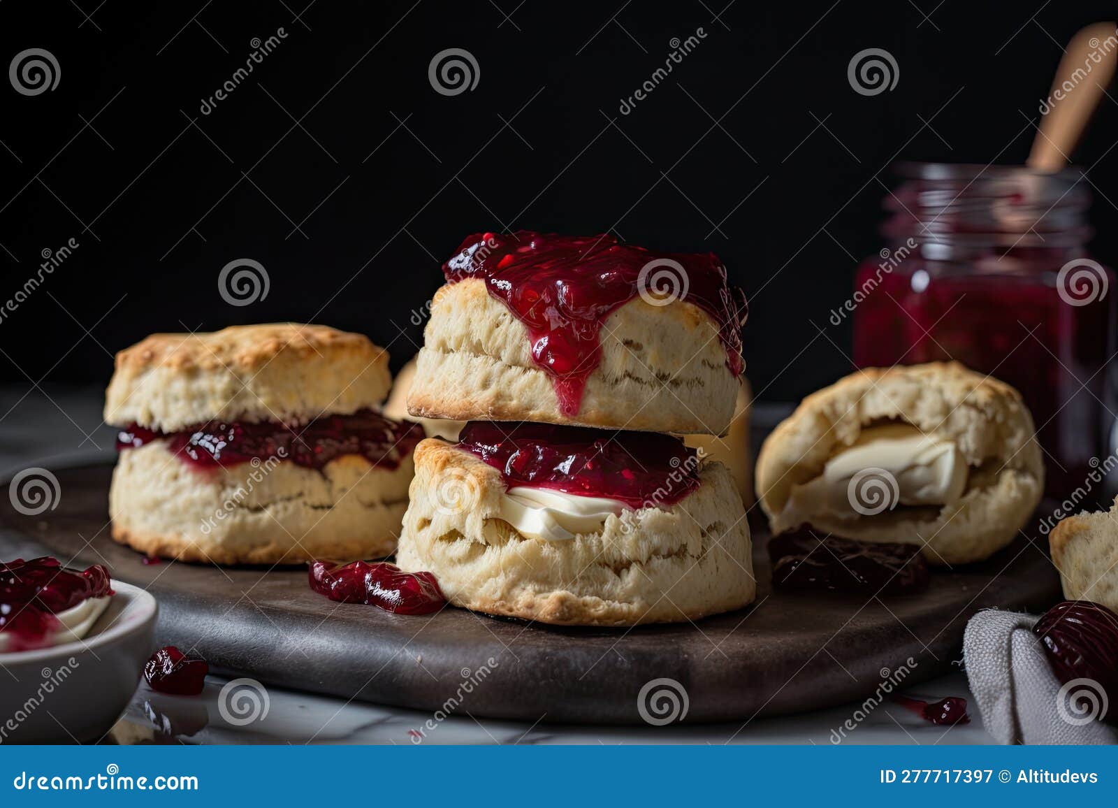 Stack of Warm Scones, Topped with Creamy Strawberry Jam Stock ...