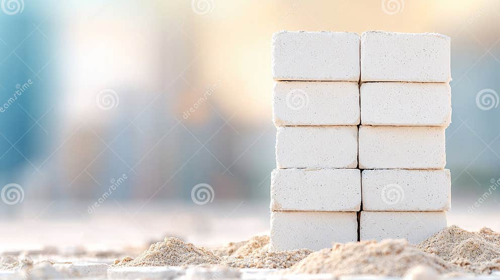 A Stack of White Bricks on a Sandy Surface, Showcasing a Minimalistic ...