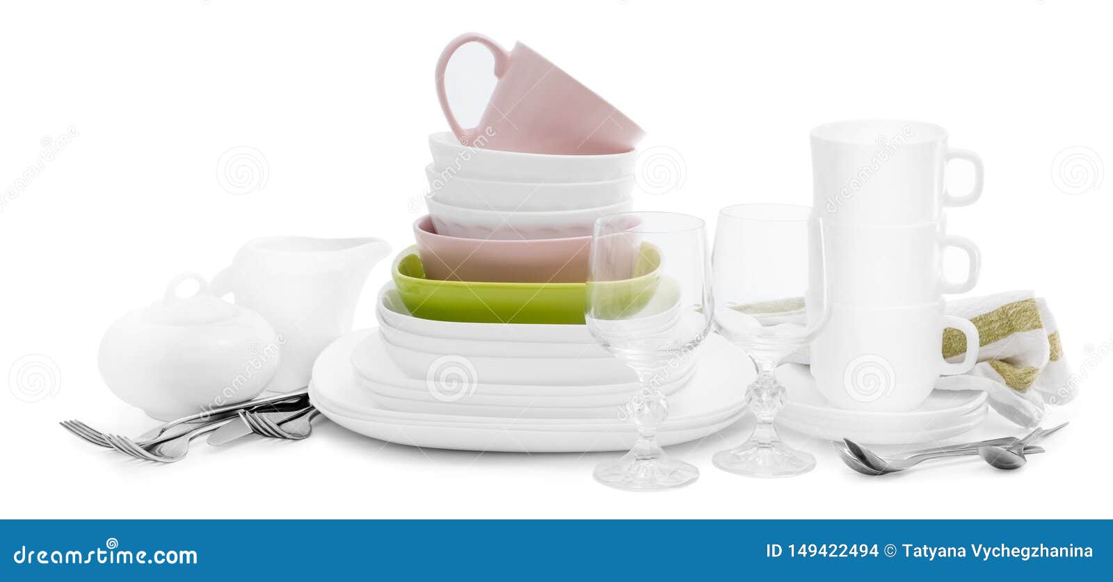 Stack of White Ceramic Kitchenware and Cutlery, Isolated on White ...