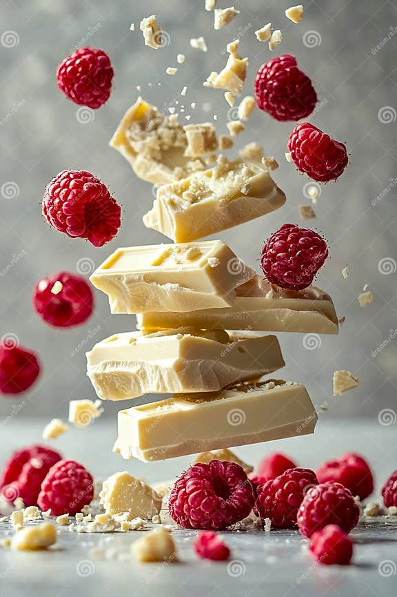 A Stack of White Chocolate with Raspberries Falling Out of it Stock ...