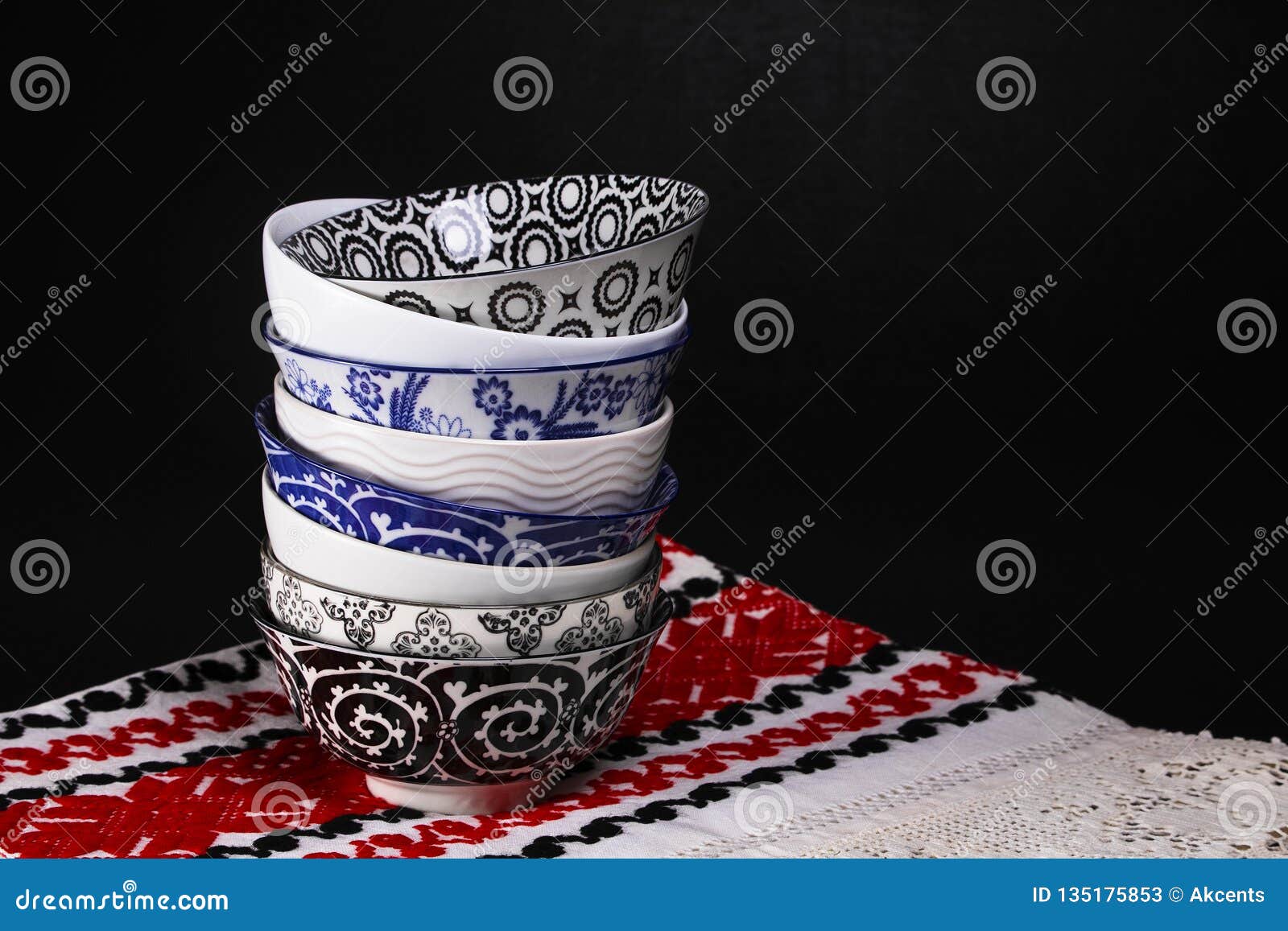 Stack of White Kitchen Soup Bowls with Blue and Black Geometric Designs ...