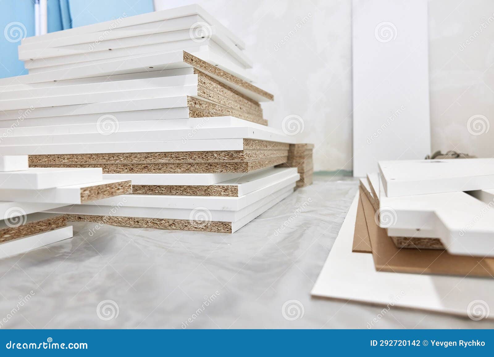 Stack of White MDF Panels Lie on Floor Stock Photo - Image of furniture ...