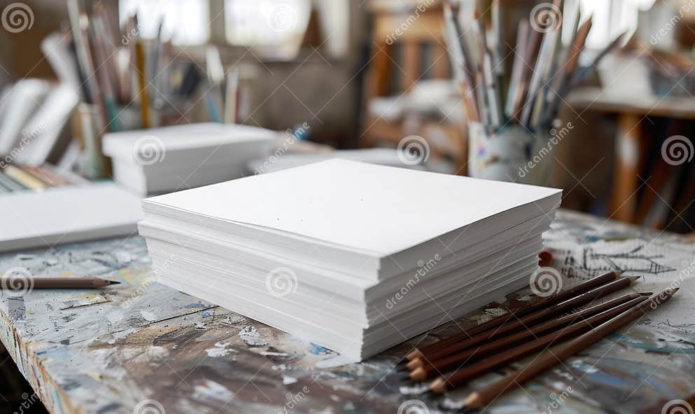 A Stack of White Paper Pads Surrounded by Graphite Pencils in an Artist ...
