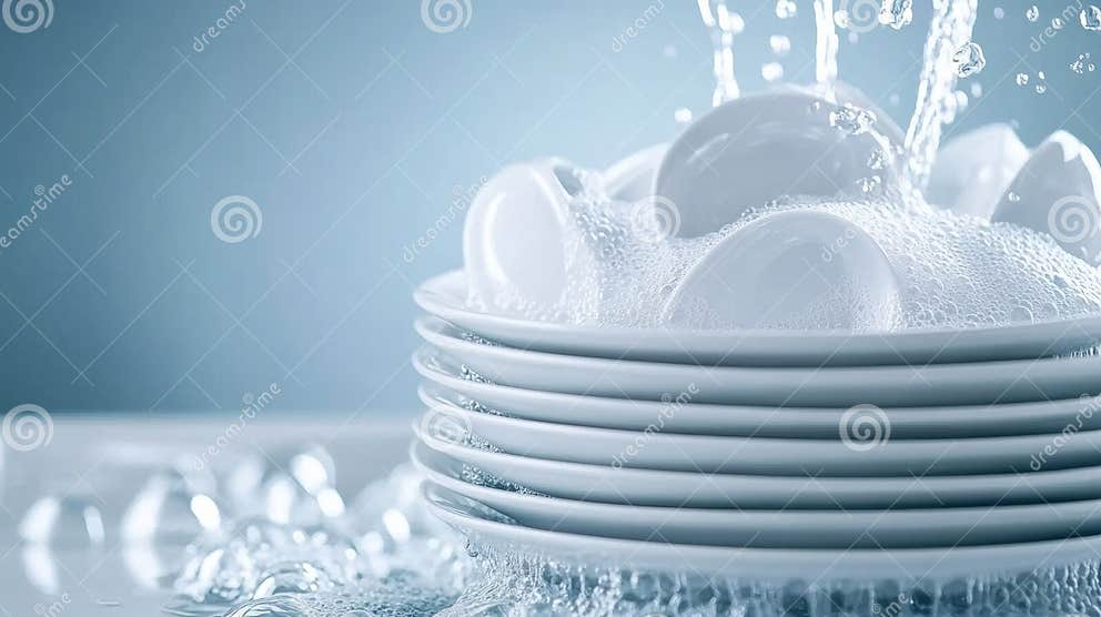 Stack of White Plates Being Washed with Soapy Water Splashing Around ...