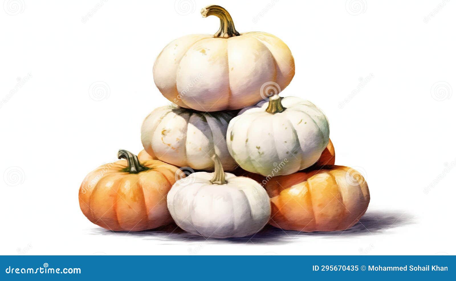 Stack of White Pumpkin Watercolor Painting Isolated in White Background ...